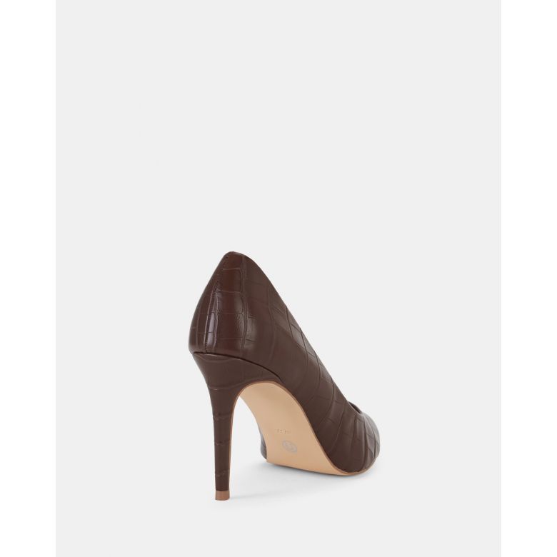 Impossible Chocolate Brown Faux Croc Point Stiletto Court Shoe